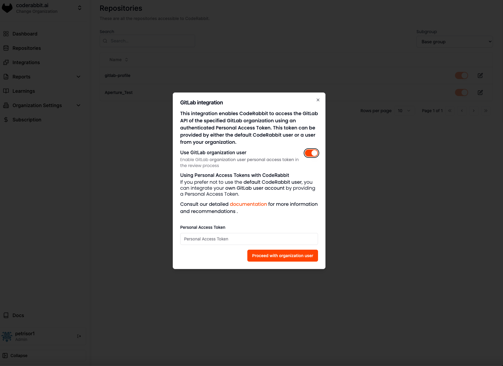 GitLab organization user modal choice
